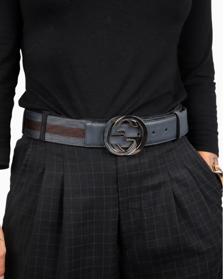 Cinto Gucci Original Interlocking Web Chumbo e Marrom Feminino