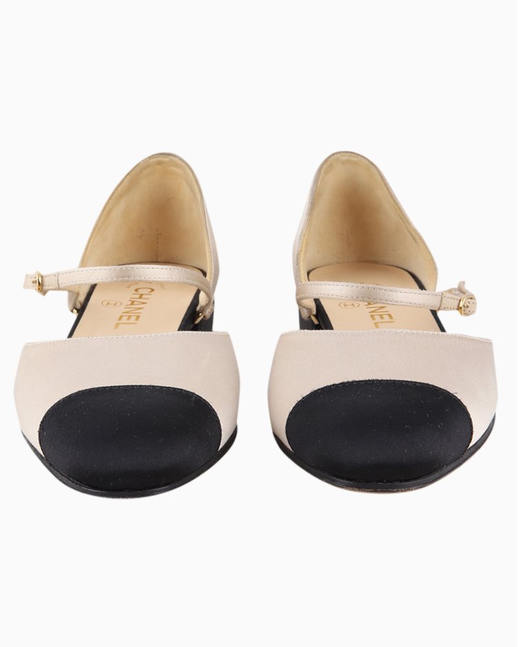 Sapato Chanel Original Cap Toe Satin Bege e Preto Feminino