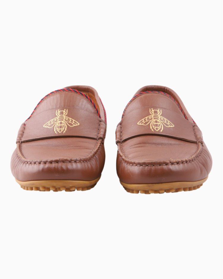 Mocassim Gucci Original Embroidered Bee Driver Marrom Masculino