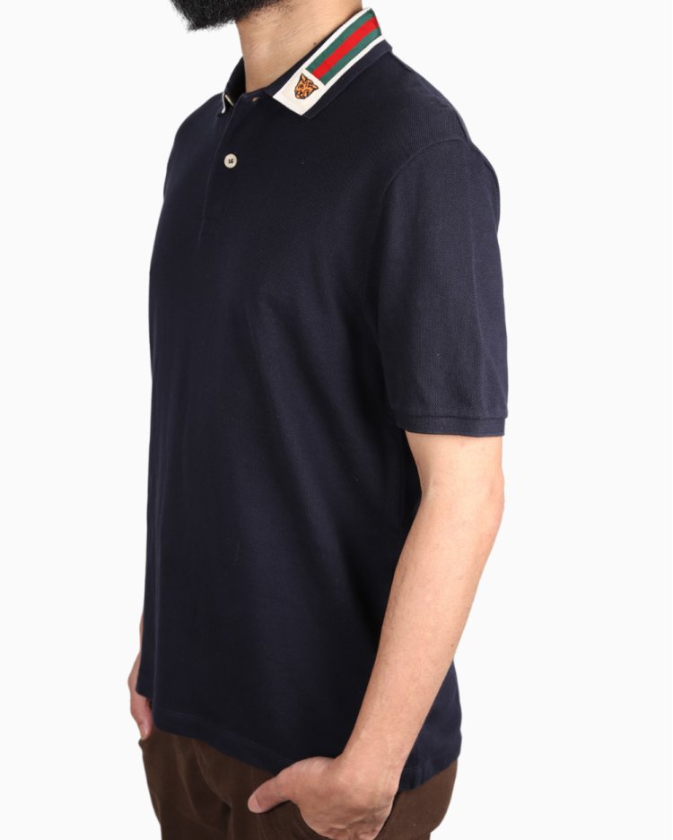 Camisa Gucci Original Polo Web And Feline Head Azul Masculina