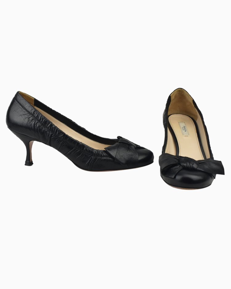 Sapato Prada Original Rudge Couro Com Laço Preto Feminino