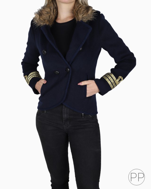 Casaco Rosa Chá Original Gola de Pelinho Azul Marinho Feminino