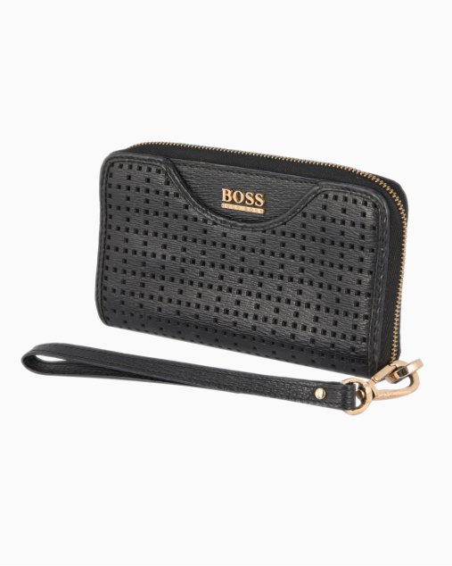 Carteira Hugo Boss Original Zip Perforated Leather Preta Feminina