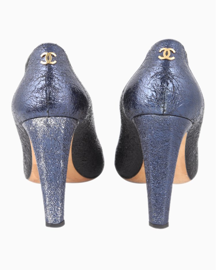 Sapato Chanel Original Peep Toe Couro Texturizado Bicolor Feminino