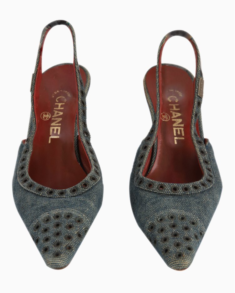 Sapato Chanel Original Vintage Slingback Jeans Azul Feminino