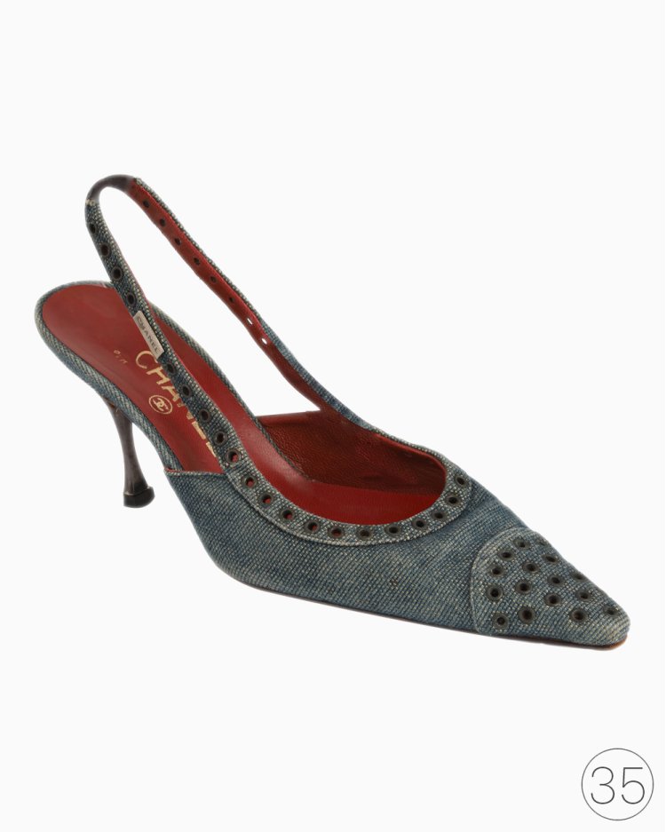 Sapato Chanel Original Vintage Slingback Jeans Azul Feminino