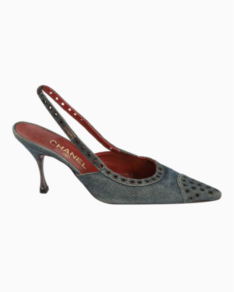 Sapato Chanel Original Vintage Slingback Jeans Azul Feminino