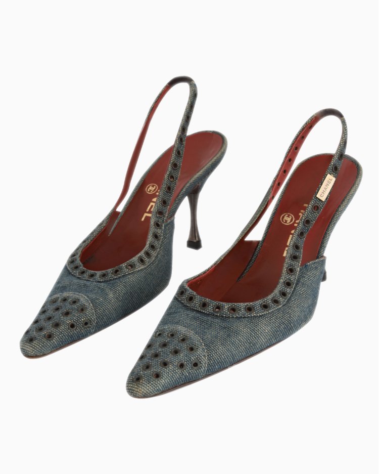 Sapato Chanel Original Vintage Slingback Jeans Azul Feminino