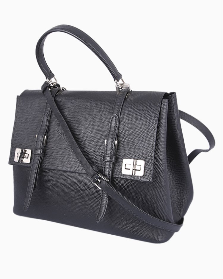 Bolsa Prada Original Half Flap Double Turn Lock Saffiano Preta Feminina
