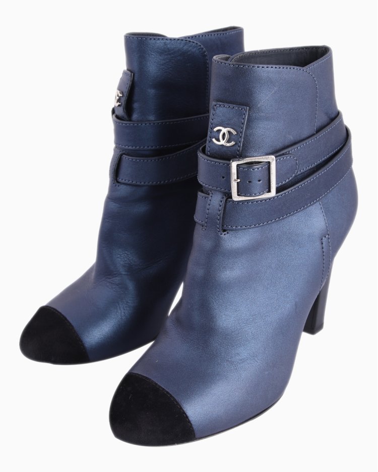 Bota Chanel Original Interlocking CC Logo Ankle Boots Azul Feminina