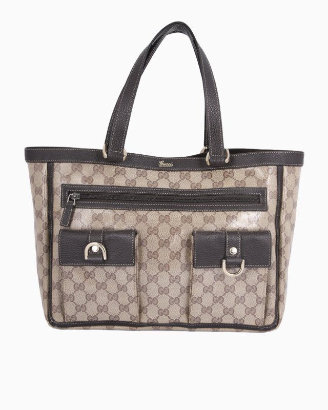 Bolsa Gucci Original Crystal Canvas Abbey Pocket Tote Beige/Ebony Feminina