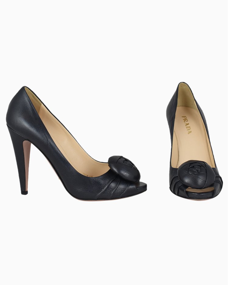 Sandália Prada Original Peep Toe Couro Preta Feminina