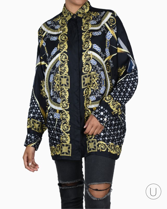 Camisa Versace Original Seda Estampa Barroca Preta Feminina