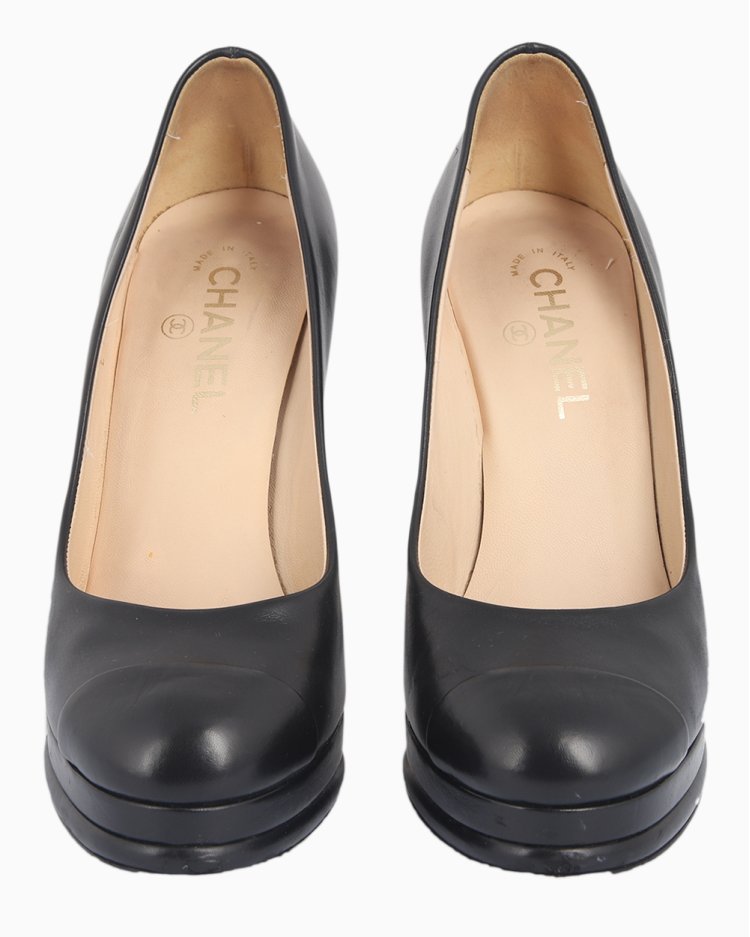 Sapato Chanel Original Cap Toe Platform Couro Preto Feminino