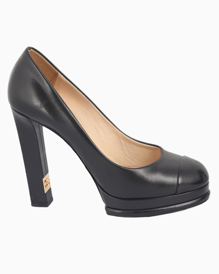 Sapato Chanel Original Cap Toe Platform Couro Preto Feminino