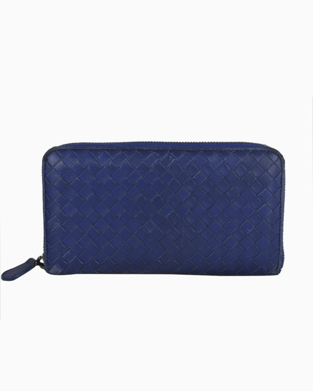 Carteira Bottega Veneta Original Intrecciato Zip Around Azul Feminina