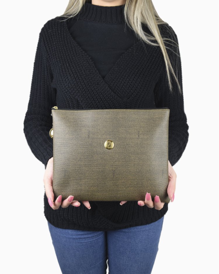 Pasta Fendi Original Flat Zip Canvas Marrom Feminina