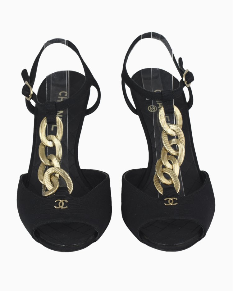 Sandália Chanel Original T-String Chain Preta Feminina