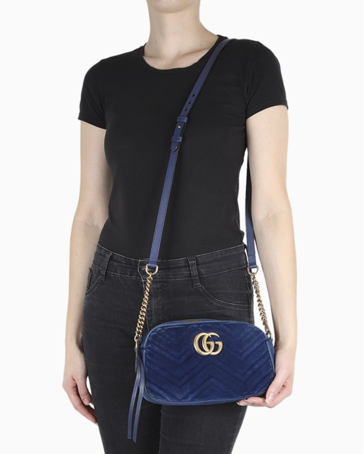 Bolsa Gucci Original GG Marmont Veludo Azul Feminina