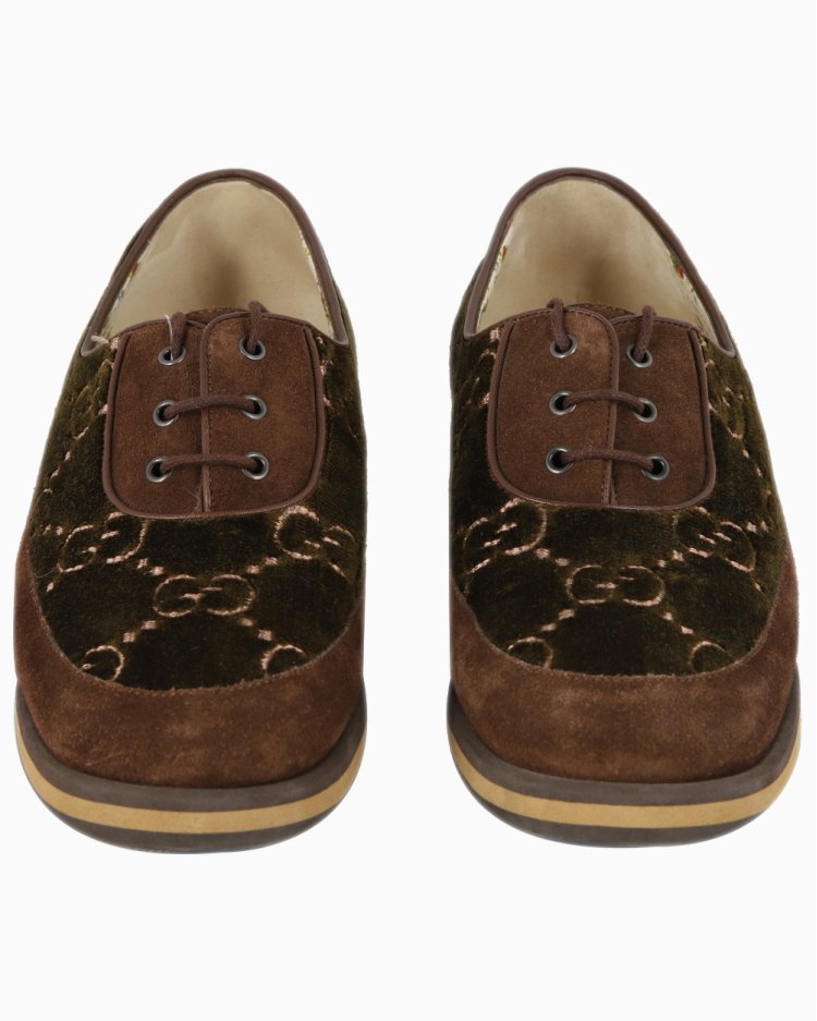 Oxford Gucci Original Thompson GG Veludo Marrom e Verde Feminino