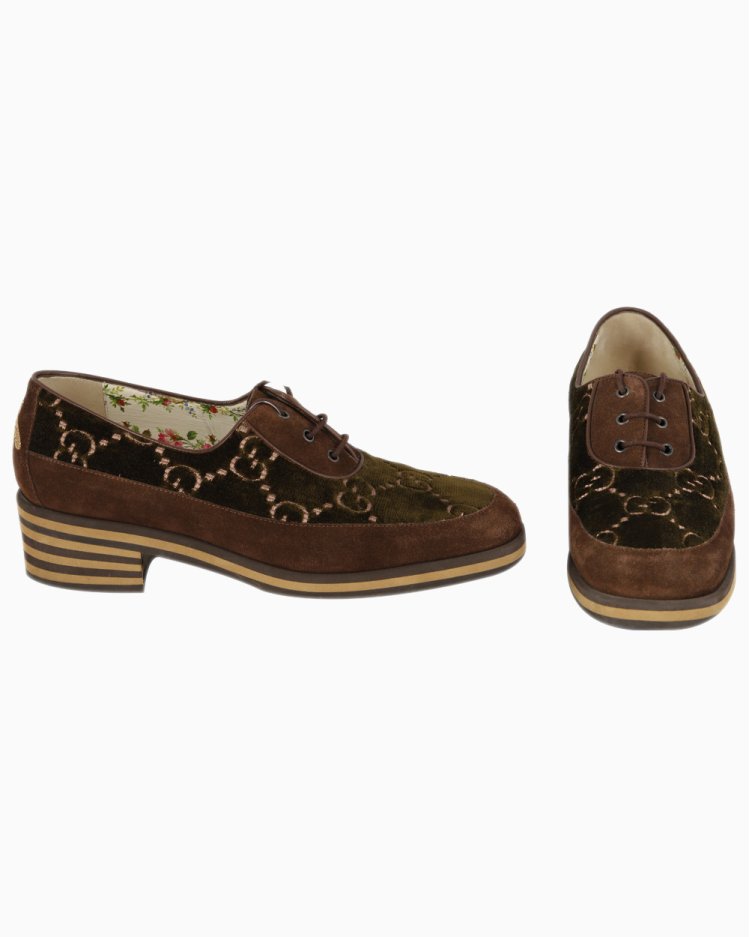 Oxford Gucci Original Thompson GG Veludo Marrom e Verde Feminino