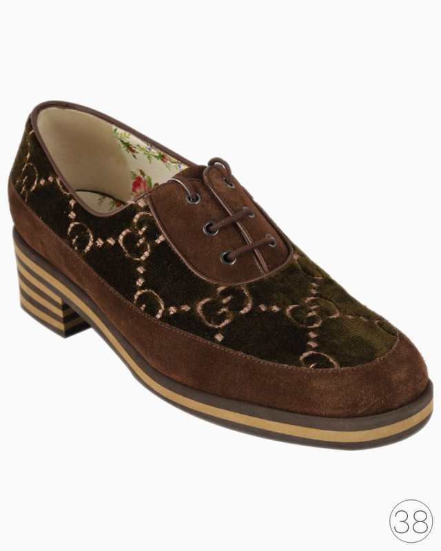Oxford Gucci Original Thompson GG Veludo Marrom e Verde Feminino