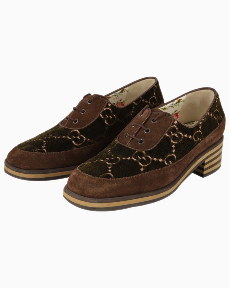 Oxford Gucci Original Thompson GG Veludo Marrom e Verde Feminino