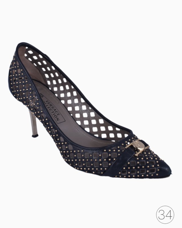 Sapato Versace Original Scarpin Studs Couro Preto Feminino
