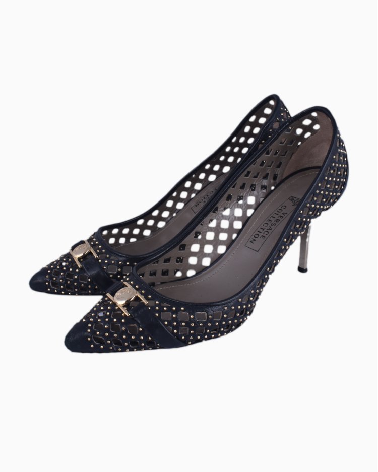 Sapato Versace Original Scarpin Studs Couro Preto Feminino