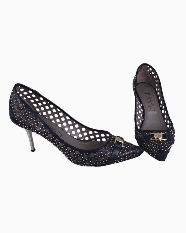 Sapato Versace Original Scarpin Studs Couro Preto Feminino