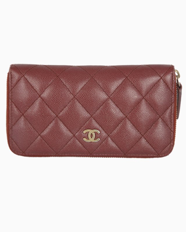 Carteira Chanel Original Caviar CC Zip Around Bordô Feminina