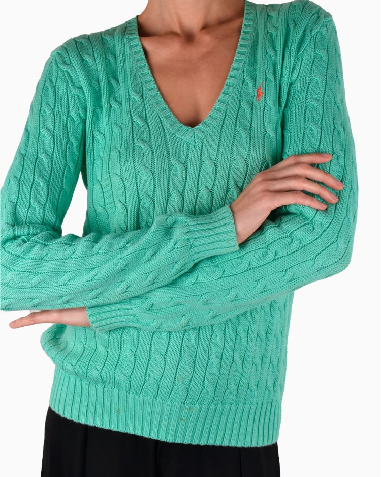Suéter Ralph Lauren Sport Original Gola V Tricot Verde Feminino