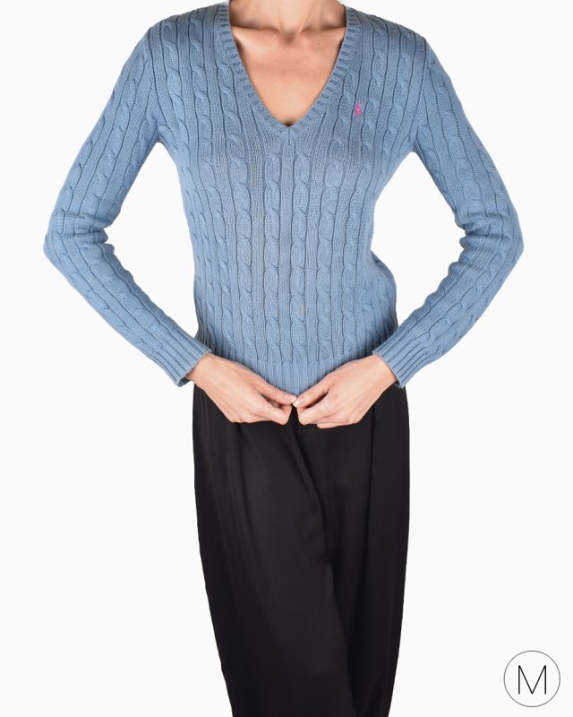 Suéter Ralph Lauren Sport Original Gola V Tricot Azul Feminino