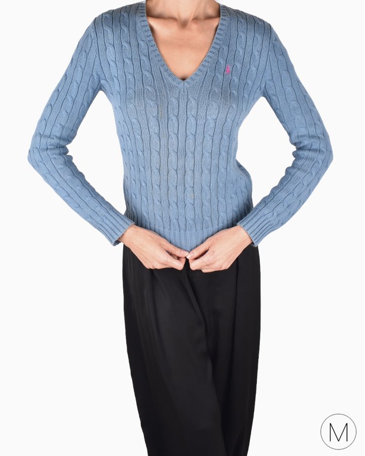 Suéter Ralph Lauren Sport Original Gola V Tricot Azul Feminino