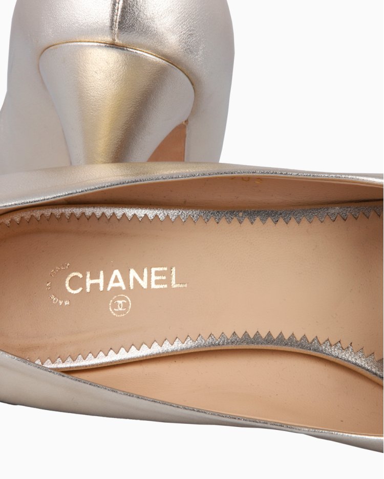 Sapato Chanel Original Peep Toe Metalizado Champagne Feminino