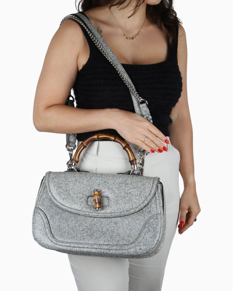Bolsa Gucci Feminina New Bamboo Large Speckled Cinza Feminina