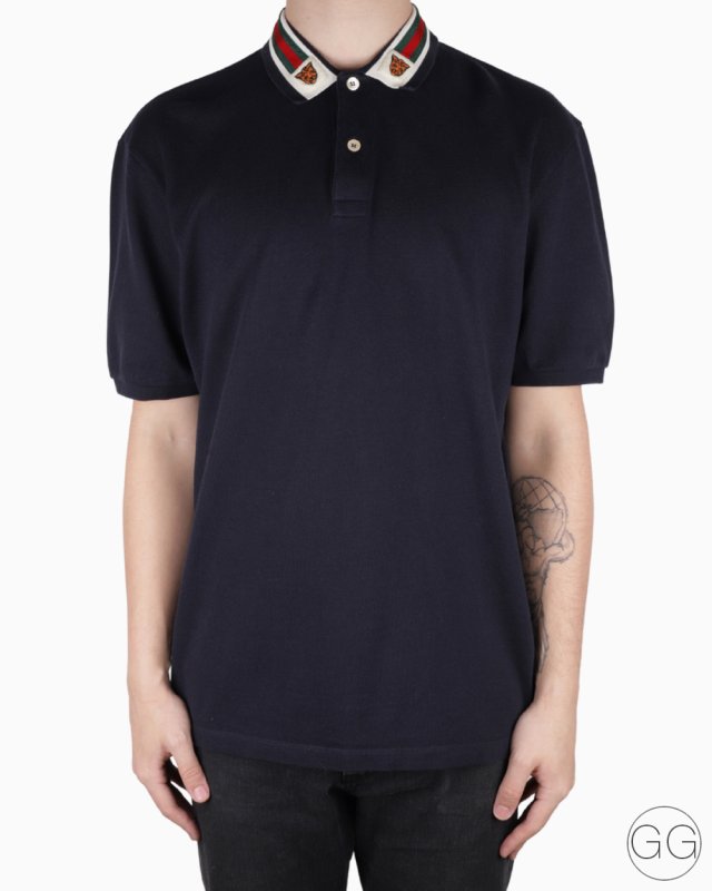 Camisa Gucci Original Polo Com Faixa Web e Tigre Azul Marinho Masculina