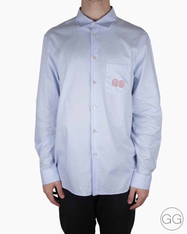 Camisa Gucci Original Bordada Azul Claro Masculina