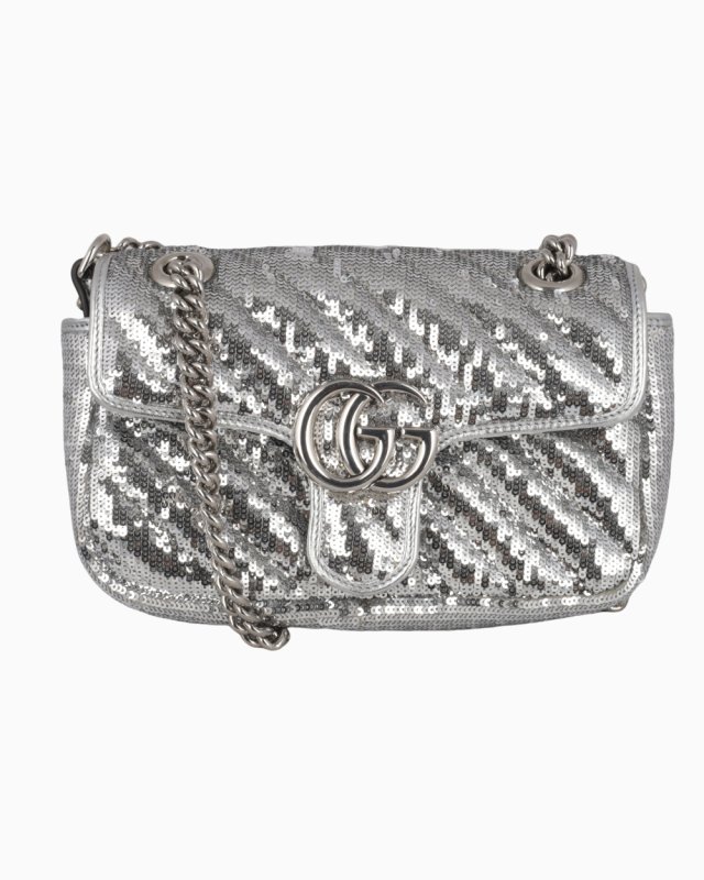 Bolsa Gucci Original Marmont GG Matelassê Sequin Mini Prateada Feminina
