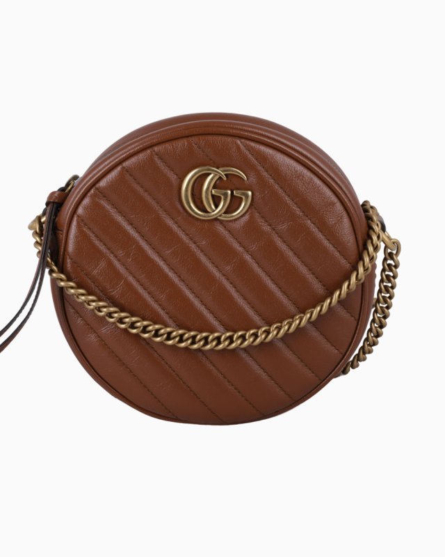 Bolsa Gucci Original GG Marmont Round Mini Marrom Feminina