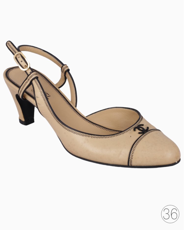 Sapato Chanel Original CC Cap Toe Slingback Bege Feminina