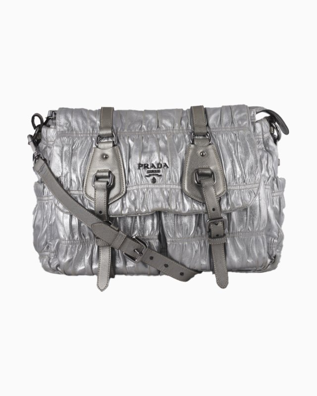Bolsa Prada Original Nappa Gaufre Messenger Prateada Feminina