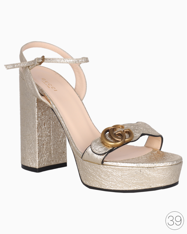 Sandália Gucci Original GG Marmont Plataforma Metalizada Dourada Feminina