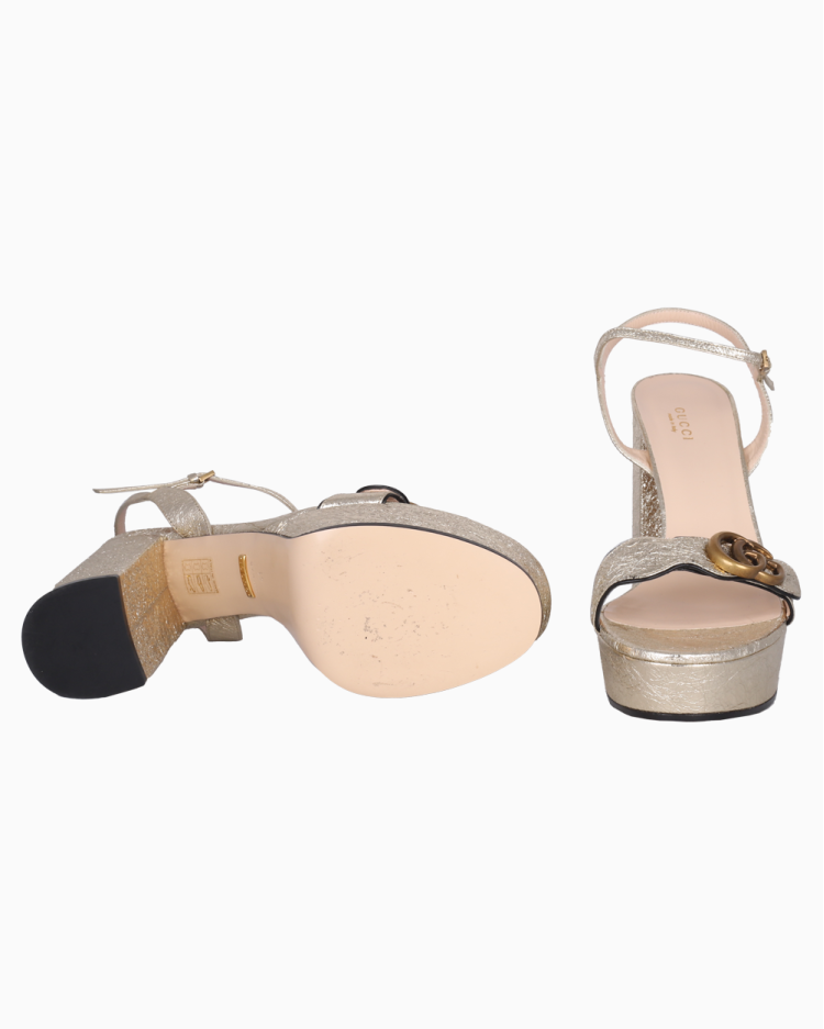 Sandália Gucci Original GG Marmont Plataforma Metalizada Dourada Feminina