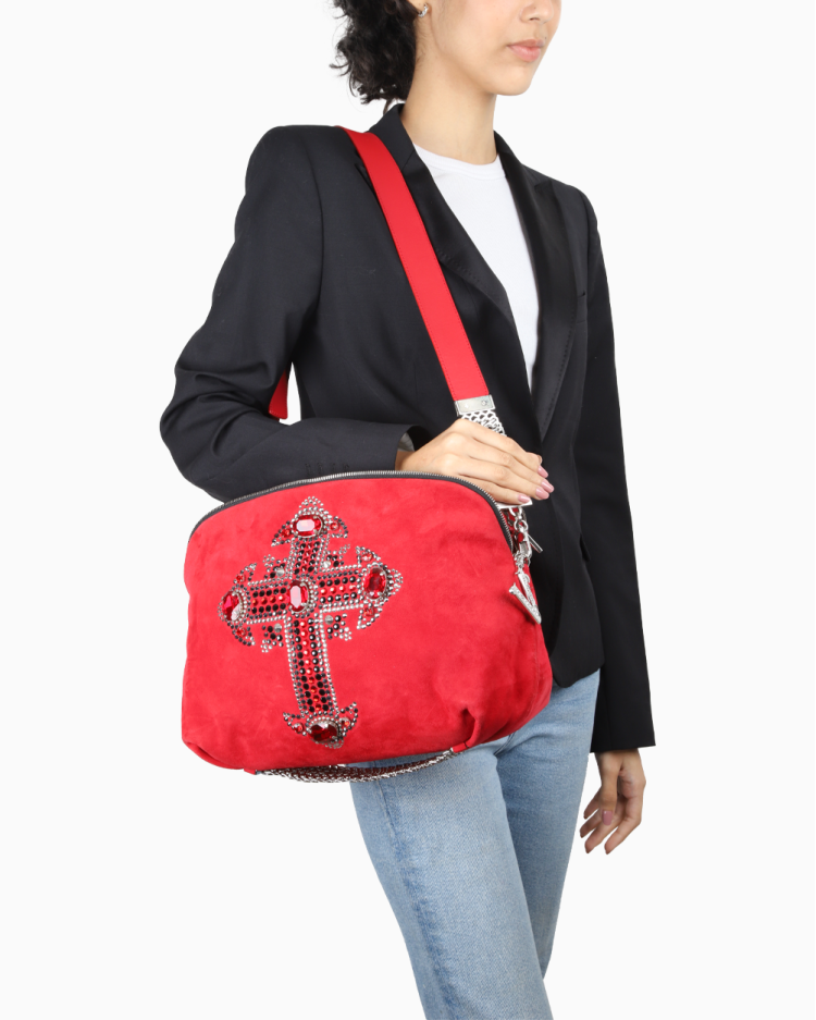 Bolsa Versace Original Crystal Cross Veludo Vermelha Feminina