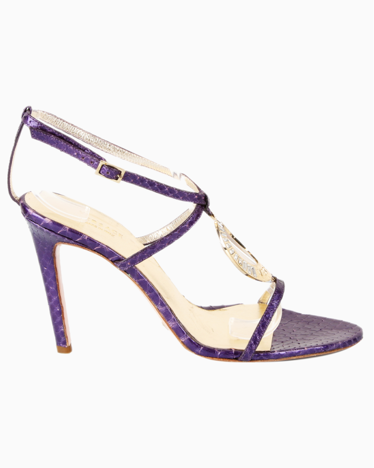 Sandália Versace Original Python Logo Plaque Roxa e Dourada Feminino