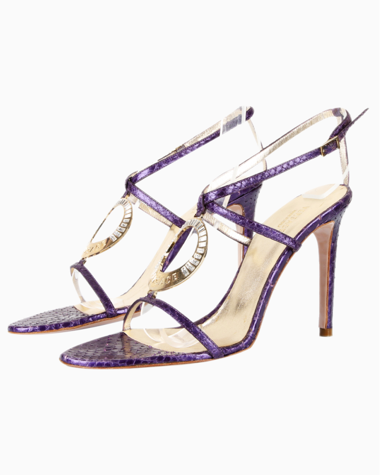 Sandália Versace Original Python Logo Plaque Roxa e Dourada Feminino