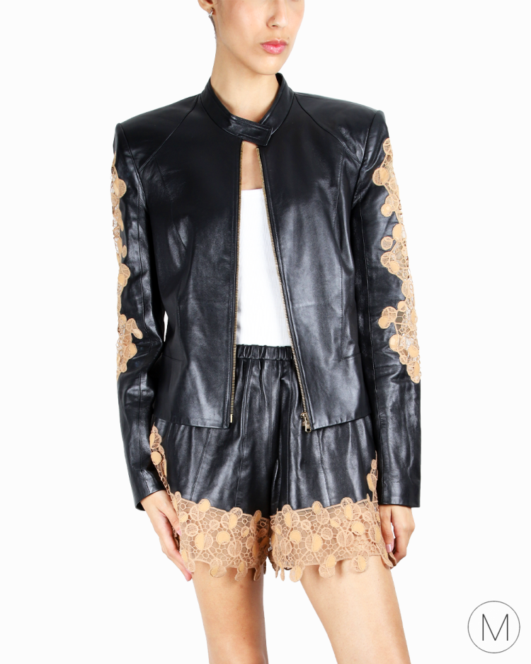 Conjunto Versace Original Couro Renda Preto e Bege Feminina