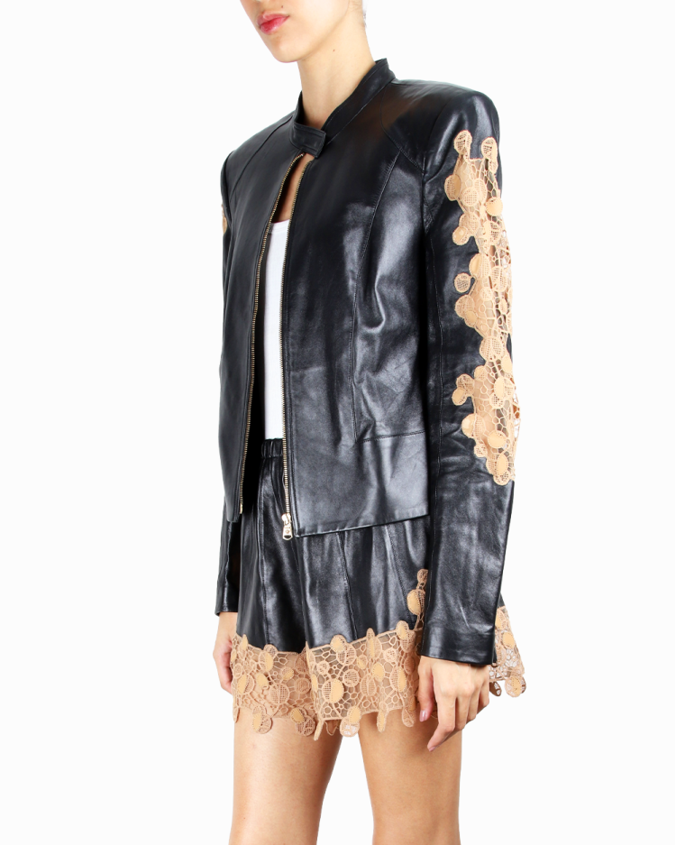 Conjunto Versace Original Couro Renda Preto e Bege Feminina