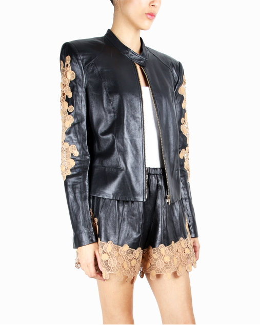 Conjunto Versace Original Couro Renda Preto e Bege Feminina